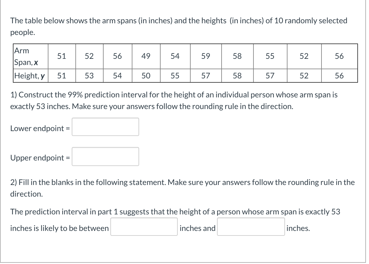 Solved The table below shows the arm spans (in inches) and | Chegg.com