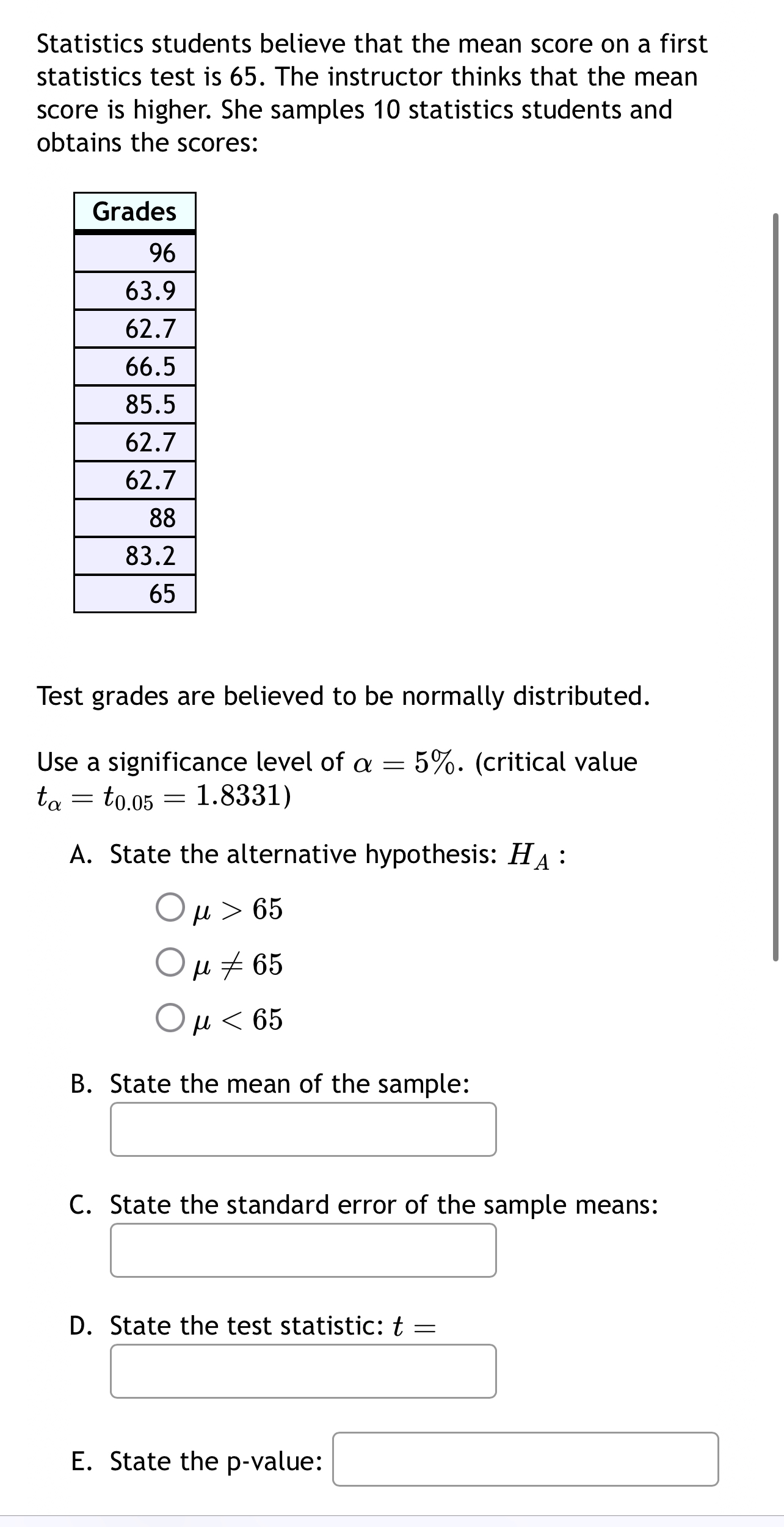 Solved Statistics students believe that the mean score on a | Chegg.com