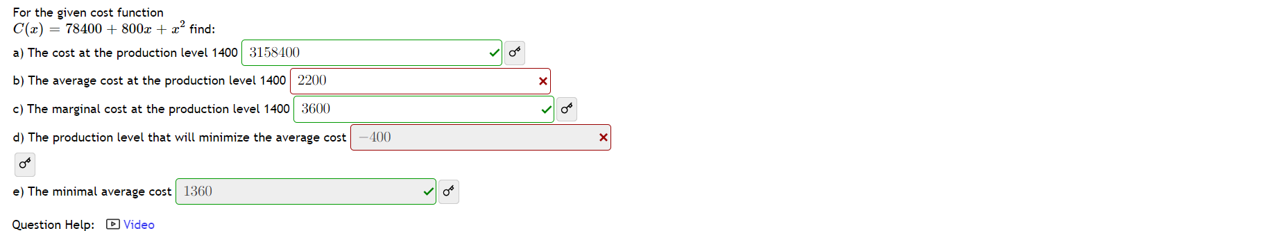 Solved For the given cost function C(x)=78400+800x+x2 find: | Chegg.com