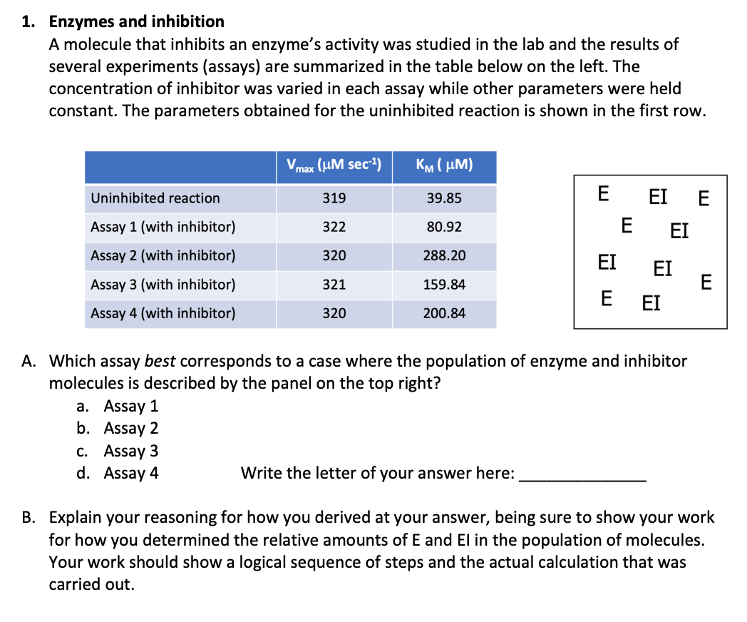 Solved 1. Enzymes and inhibition A molecule that inhibits an | Chegg.com