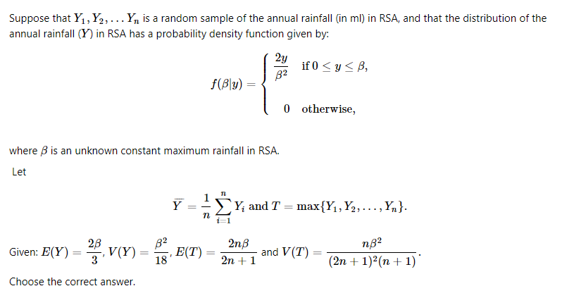 Solved Suppose that Y1,Y2,…Yn is a random sample of the | Chegg.com