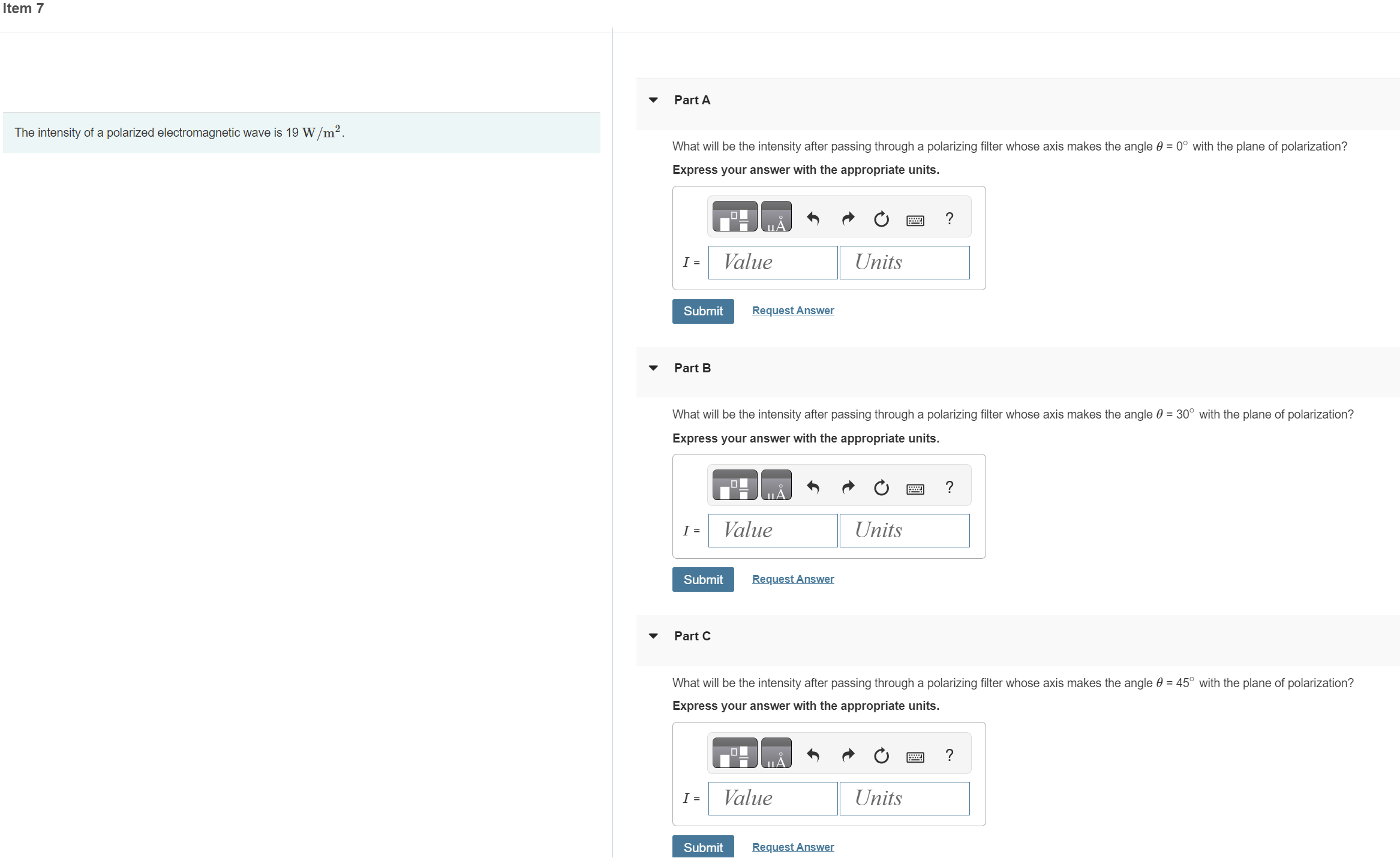 Solved The intensity of a polarized electromagnetic wave is | Chegg.com