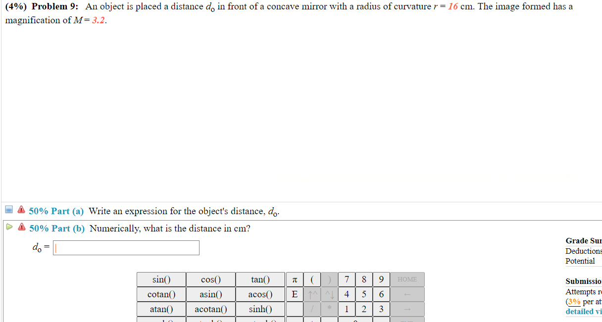 Solved (4%) Problem 9: An object is placed a distance de in | Chegg.com