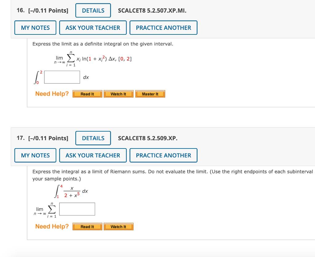 Solved 16. [-/0.11 Points] DETAILS SCALCET8 5.2.507.XP.MI. | Chegg.com