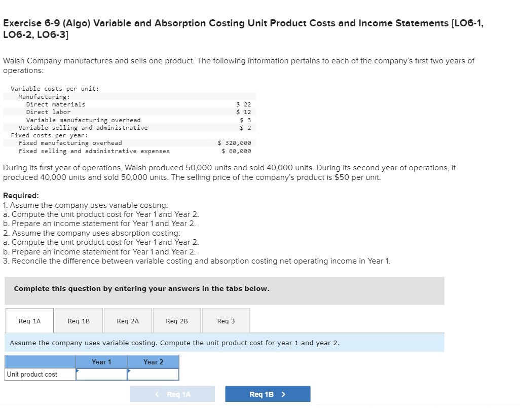 Solved Exercise 6-9 (Algo) Variable and Absorption Costing | Chegg.com