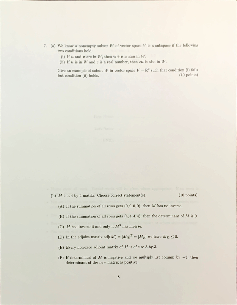 Solved 7 A We Know A Nonempty Subset W Of Vector Space V