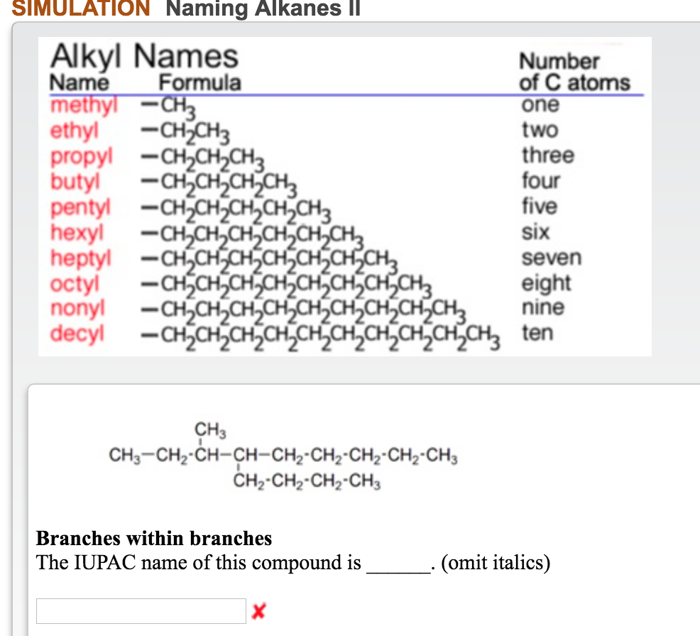Solved SIMULATION Naming Alkanes Il Alkyl Names Name Formula | Chegg.com