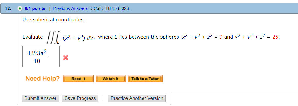 Solved 12. 0/1 points | Previous Answers SCalcET8 15.8.023 | Chegg.com