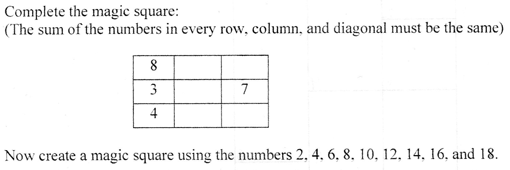 Solved Complete the magic square: (The sum of the numbers in | Chegg.com