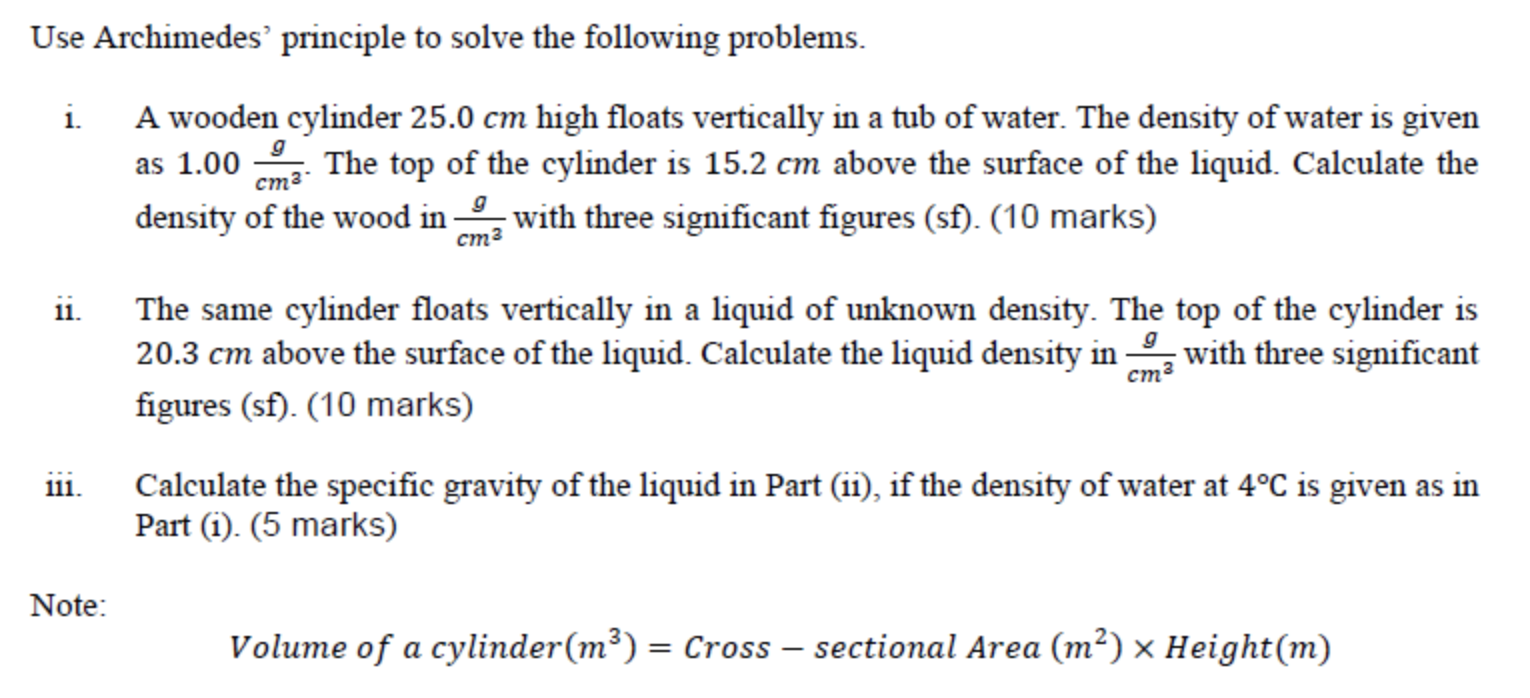 Solved Use Archimedes' principle to solve the following | Chegg.com