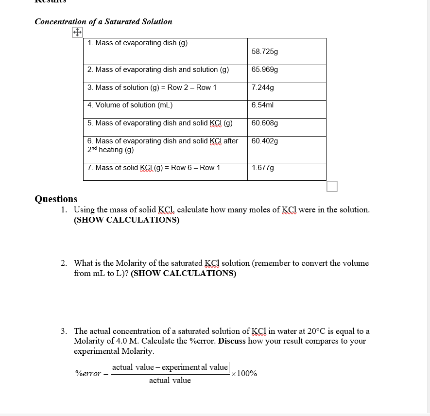 Solved Wuestions 1. Using the mass of solid KCl, calculate | Chegg.com