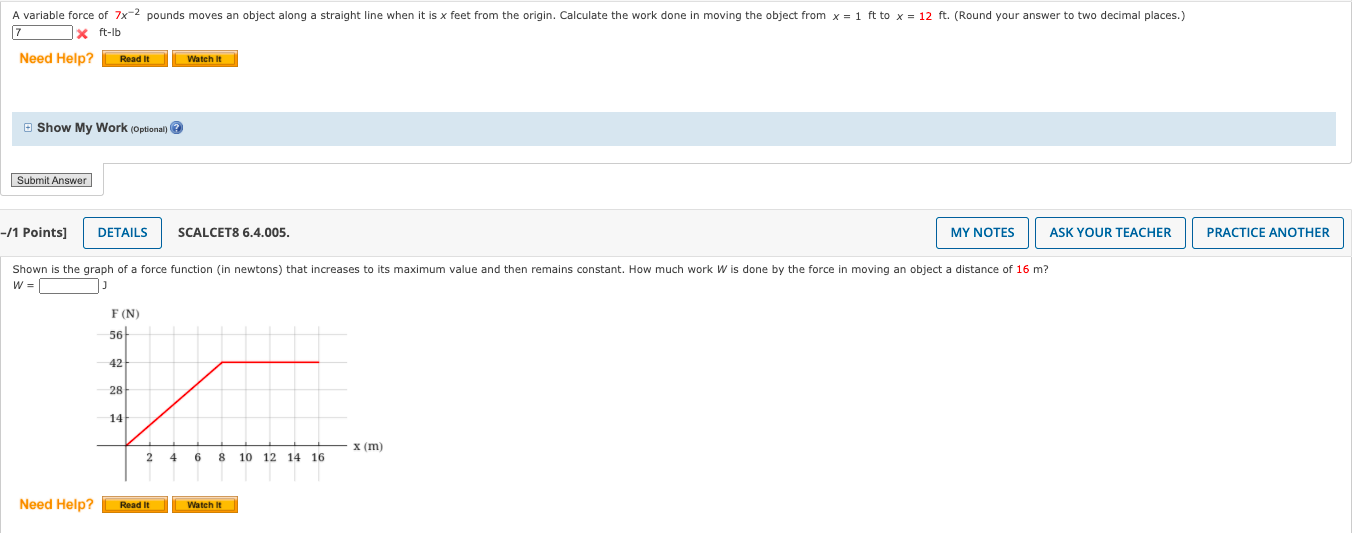 Solved A variable force of 7x-2 pounds moves an object along | Chegg.com