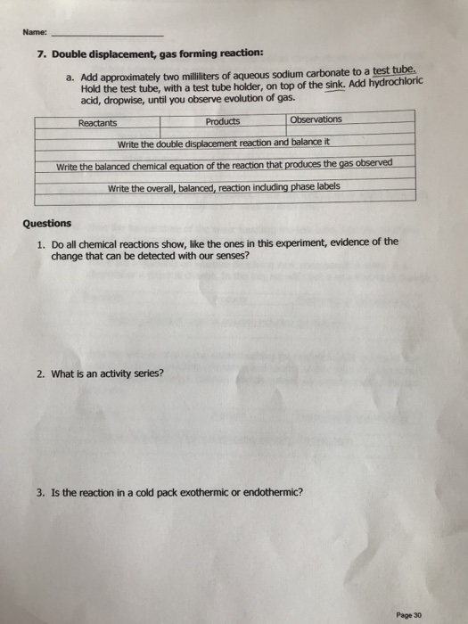 Solved Name: 2. Single displacement reactions a. Copper wire | Chegg.com