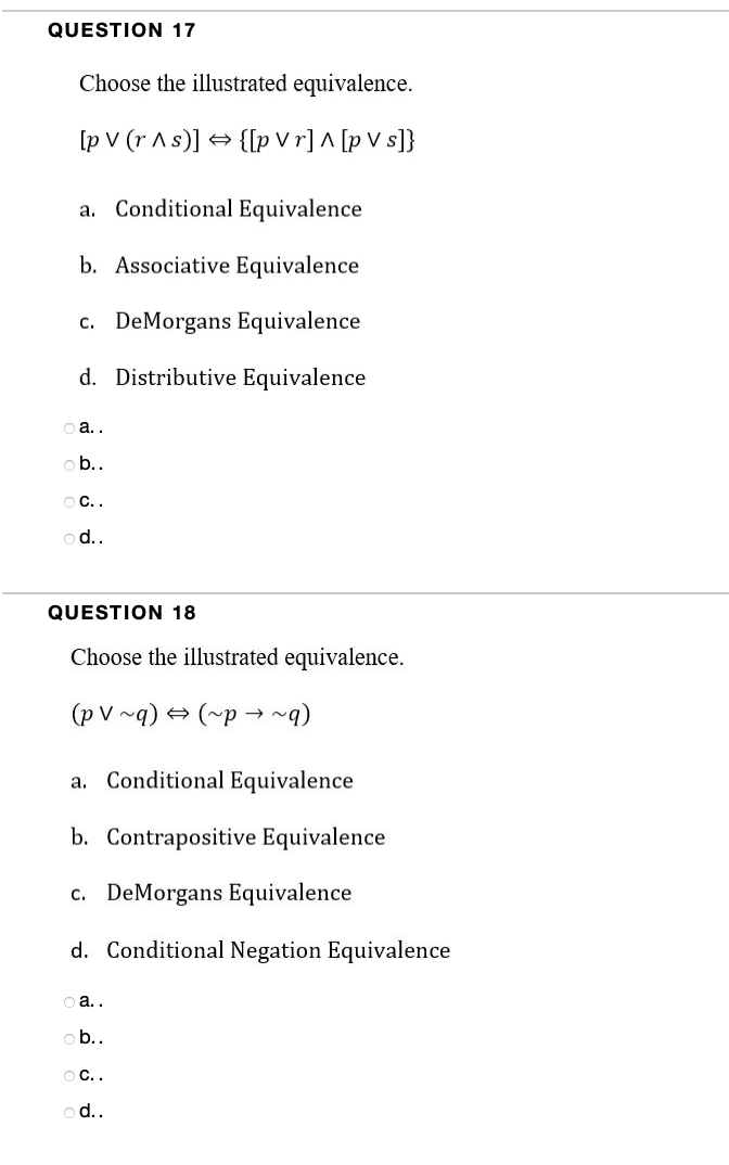 Solved QUESTION 17 Choose the illustrated equivalence. [p V | Chegg.com