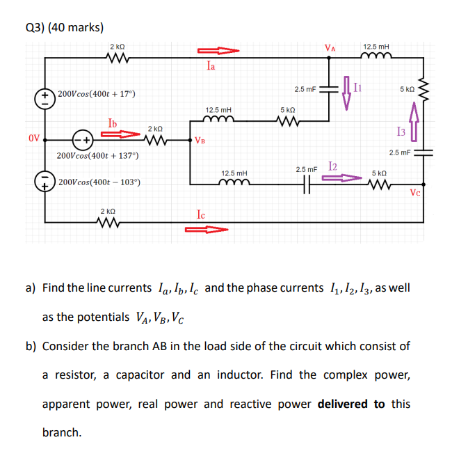 Solved Q3) (40 marks) a) Find the line currents Ia,Ib,Ic and | Chegg.com