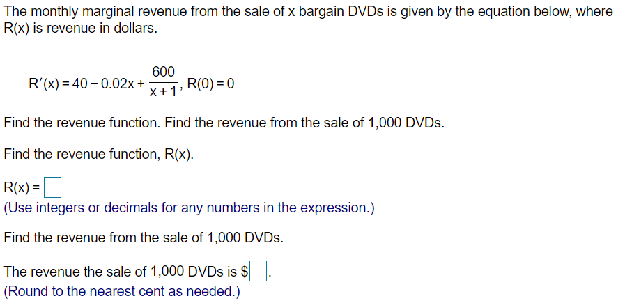 Solved The monthly marginal revenue from the sale of x | Chegg.com