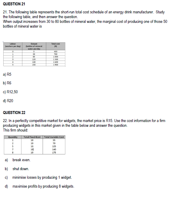 Solved 21. The following table represents the short-run | Chegg.com