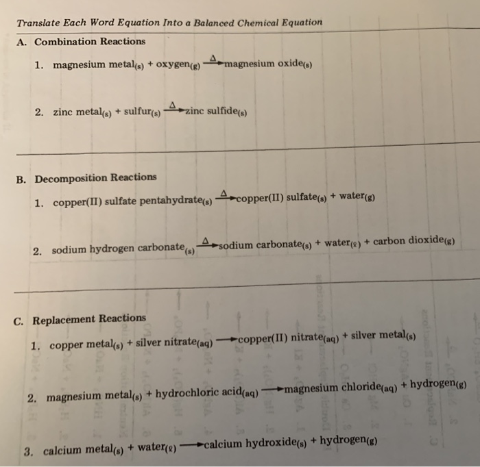 Solved Translate Each Word Equation into a Balanced Chemical | Chegg.com