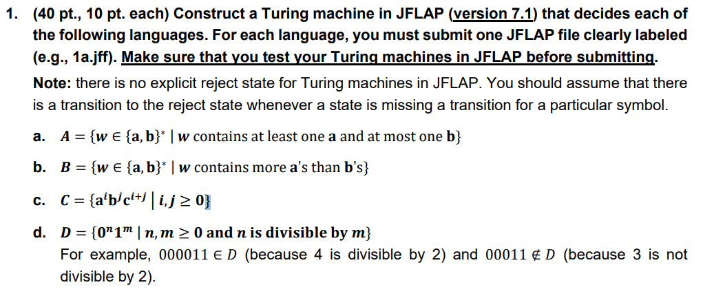 Solved (40 pt., 10 pt. each) Construct a Turing machine in | Chegg.com