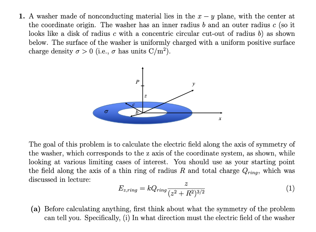 Solved 1. A washer made of nonconducting material lies in | Chegg.com