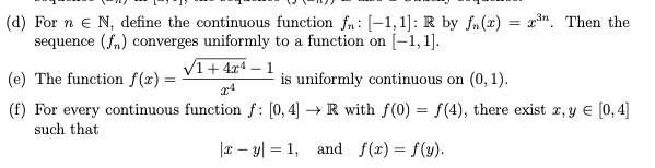 Solved (d) For n E N, define the continuous function fn: | Chegg.com