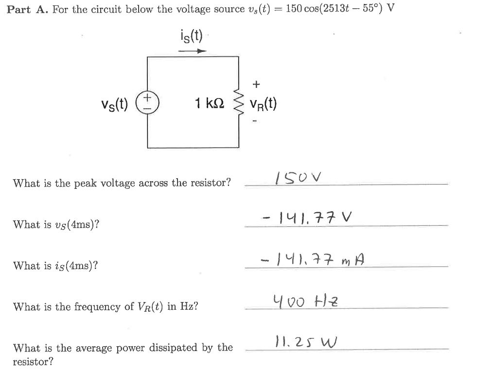 Solved Part A. For the circuit below the voltage source | Chegg.com