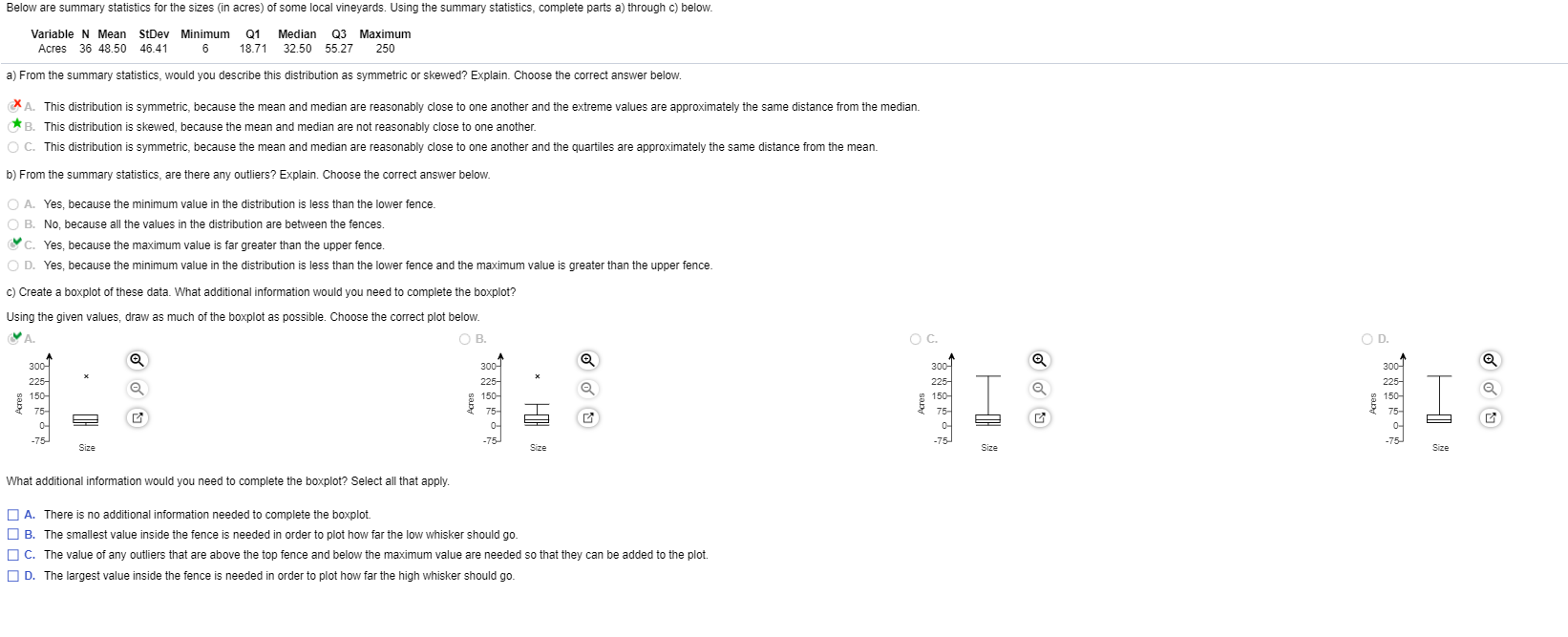Solved Below are summary statistics for the sizes (in acres) | Chegg.com