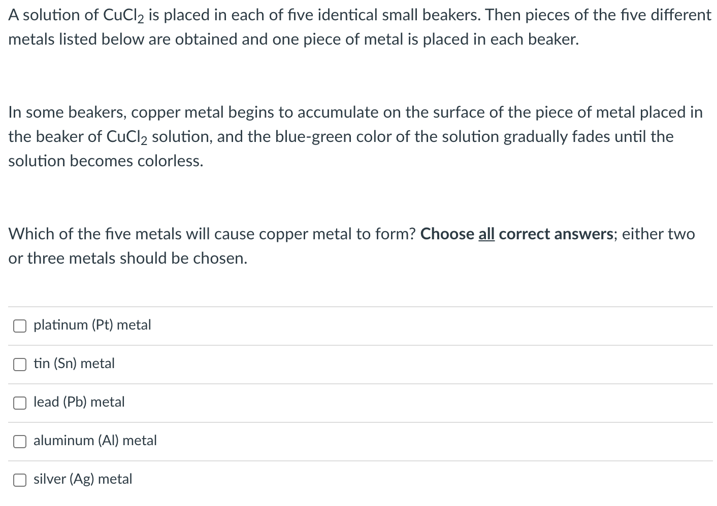 Solved A solution of CuCl2 is placed in each of five | Chegg.com