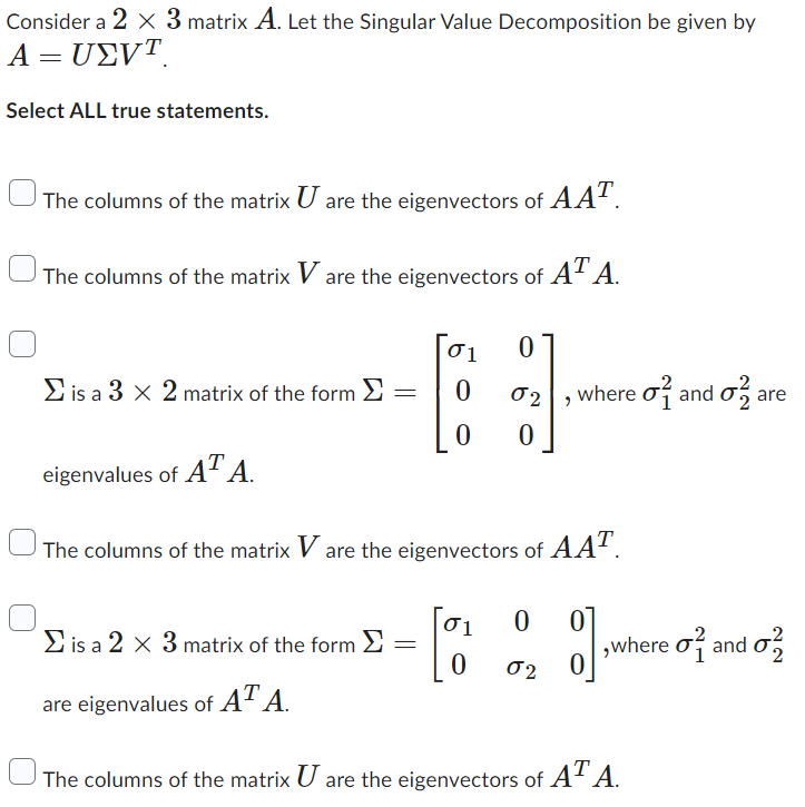 Consider a 2×3 matrix A. Let the Singular Value | Chegg.com