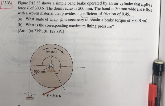 Solved Figure P18.33 shows a simple band brake operated by | Chegg.com