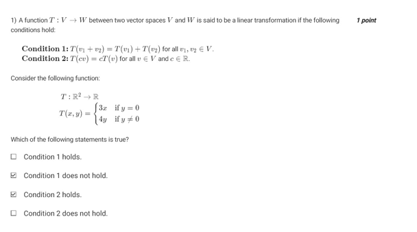 Solved a 1 point 1) A function T:V W between two vector | Chegg.com