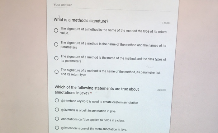 Solved Your answer What is a method's signature? 2 points | Chegg.com
