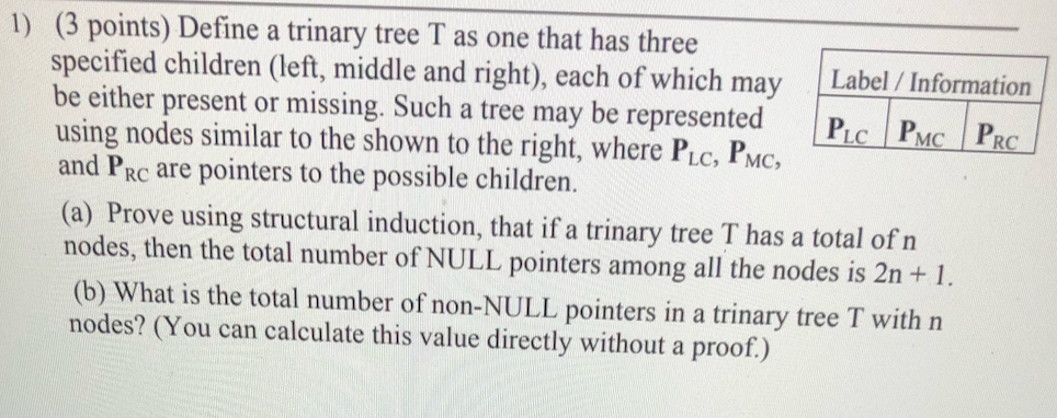 Solved 1) (3 points) Define a trinary tree T as one that has | Chegg.com