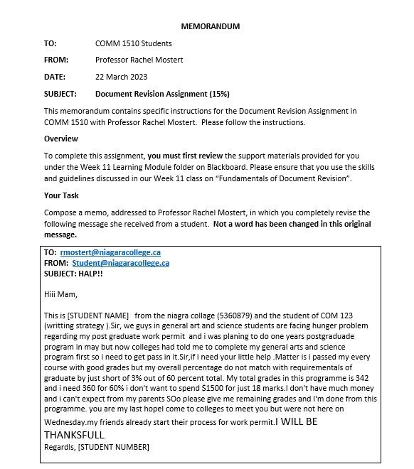 MEMORANDUM TO: COMM 1510 Students FROM: Professor | Chegg.com