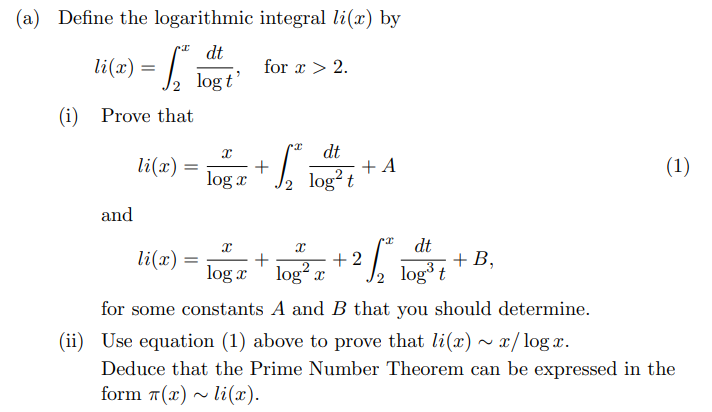 Solved (a) Define the logarithmic integral li(x) by | Chegg.com