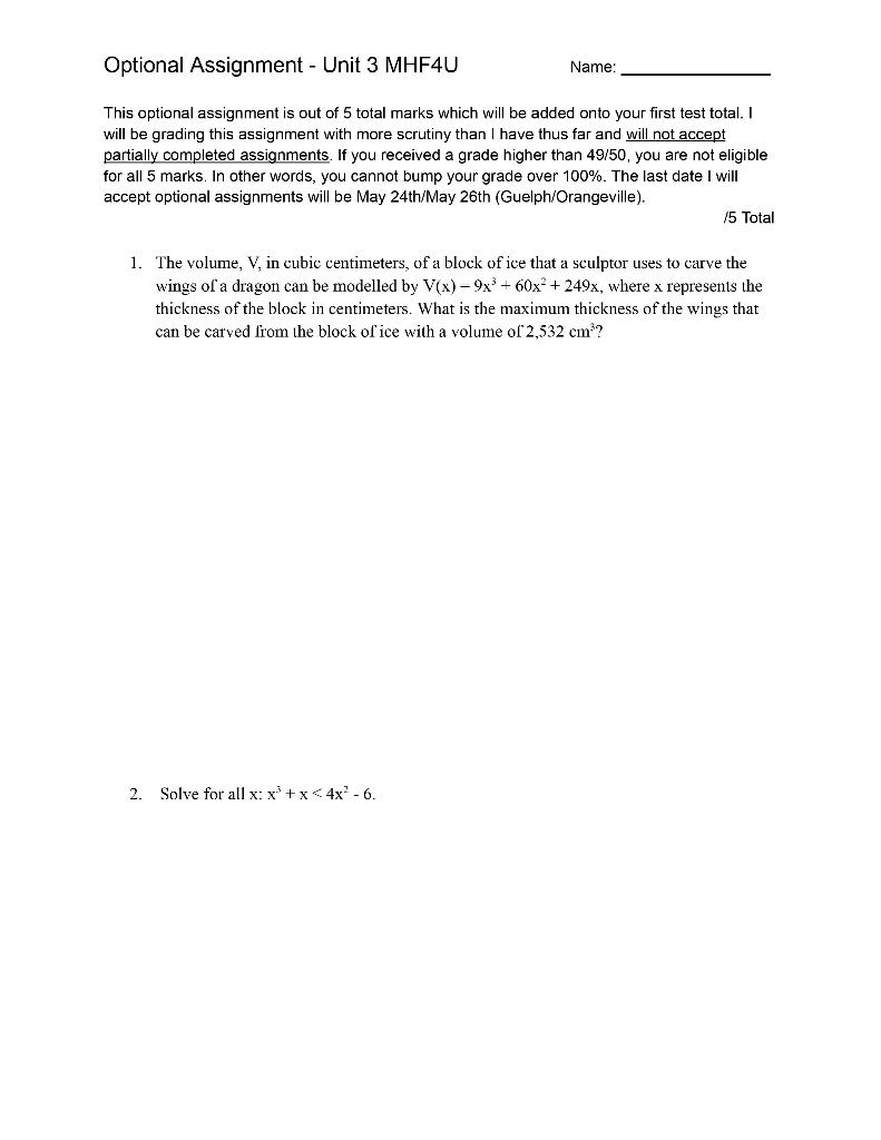 Solved Optional Assignment - Unit 3 MHF4U Name: This | Chegg.com