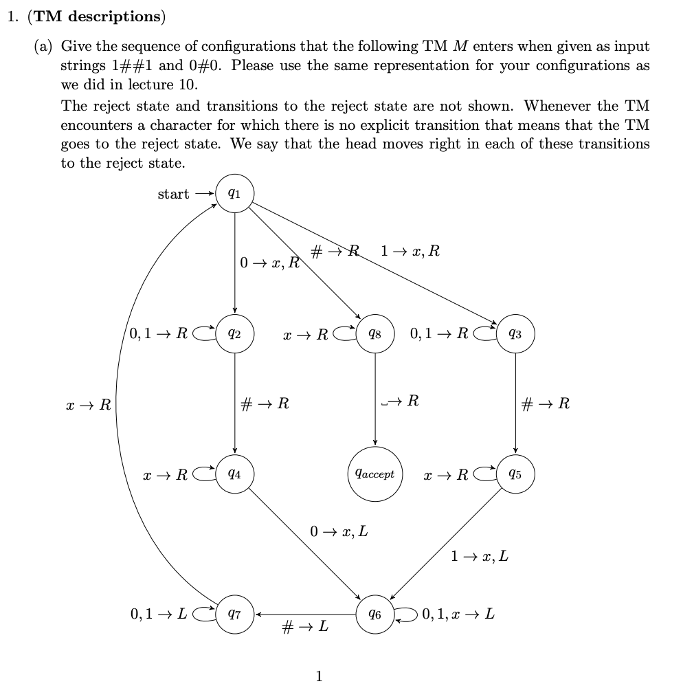 Solved 1. (TM descriptions) (a) Give the sequence of | Chegg.com