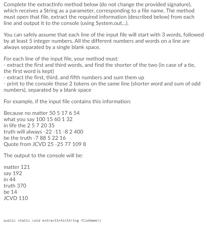 Solved Complete the extractinfo method below (do not change | Chegg.com