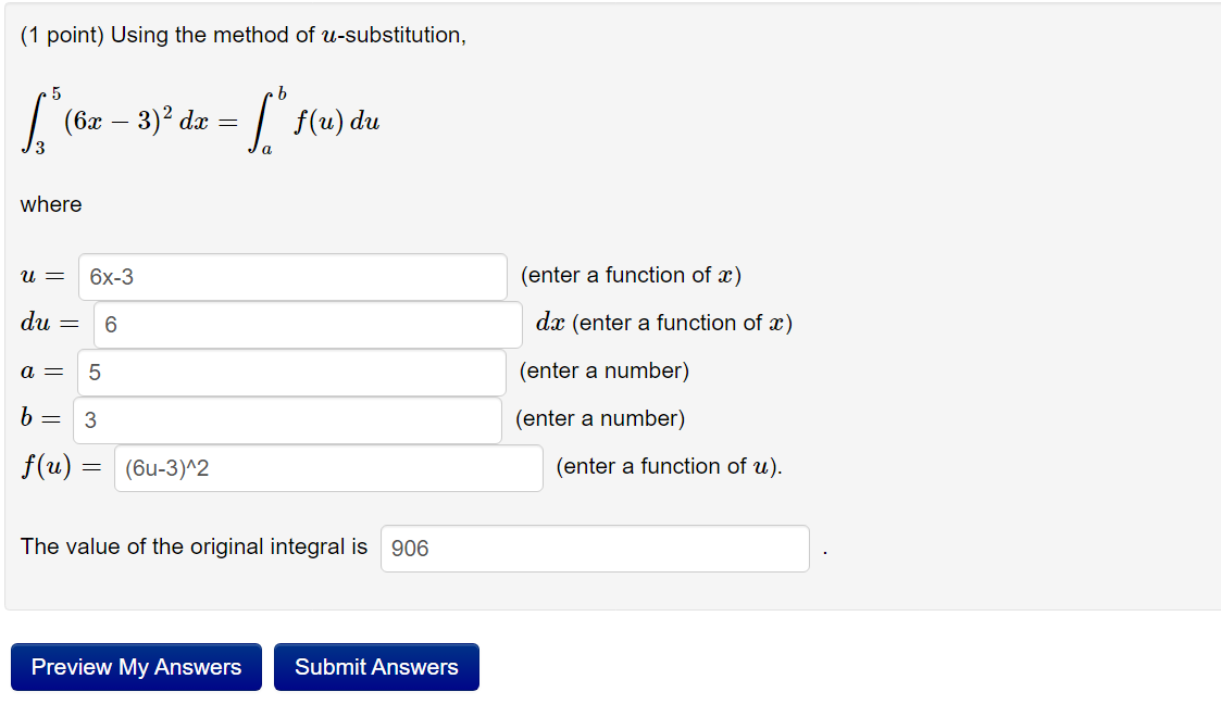 Solved (1 point) Using the method of u-substitution, | Chegg.com