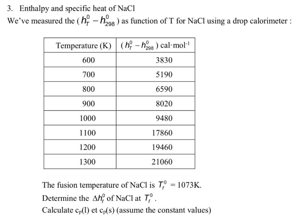 Solved 3. Enthalpy and specific heat of NaCl We've measured | Chegg.com