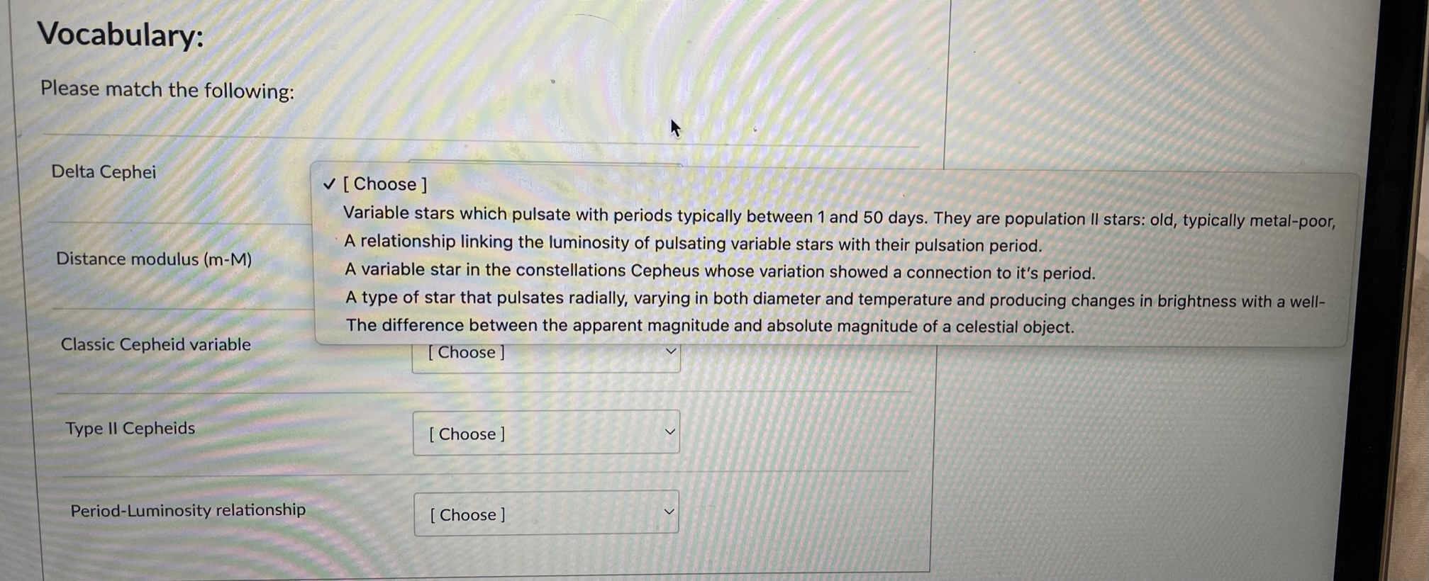 Solved Vocabulary: Please match the following: Delta Cephei | Chegg.com