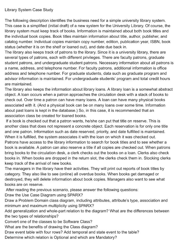 Solved Library System Case Study The following description | Chegg.com