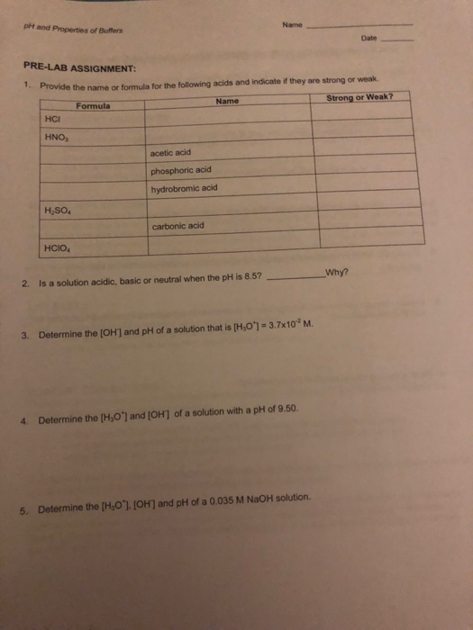 Solved pH and Properties of Buffers Name Date PRE-LAB | Chegg.com