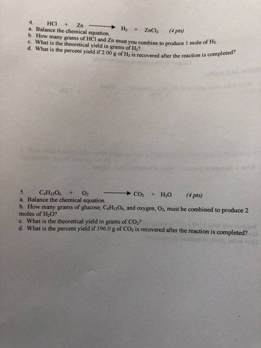 Solved HCl + Zn → H2 + ZnCl2 (4pts) a. Balance the chemical | Chegg.com