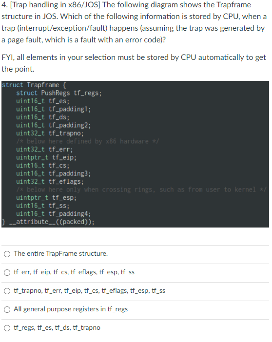 Solved 4. [Trap handling in x86/JOS] The following diagram | Chegg.com