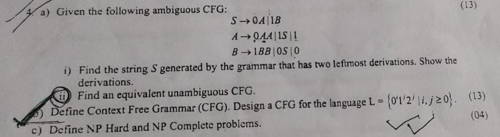 Solved a) Given the following ambiguous CFG: | Chegg.com
