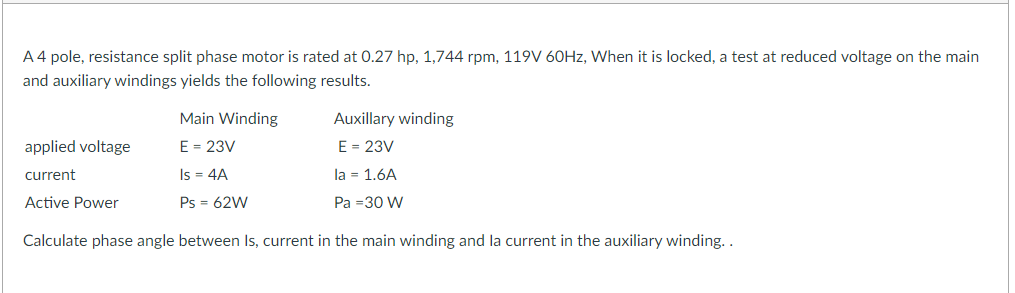 Solved A 4 pole, resistance split phase motor is rated at | Chegg.com