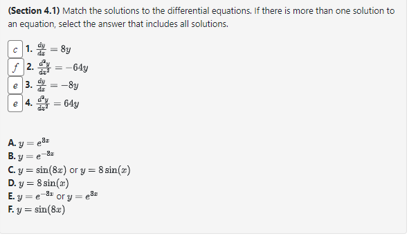 Solved (Section 4.1) Match the solutions to the differential | Chegg.com