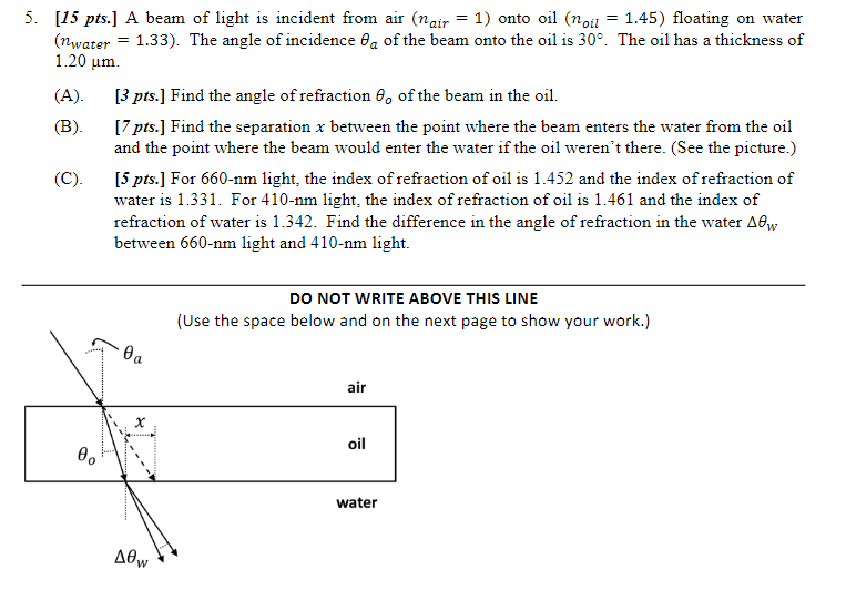 Solved 5. [15 pts.] A beam of light is incident from air | Chegg.com