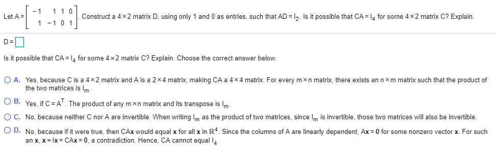 Solved Let A =1-1 110 1-1 01 Construct a 4 x2 matrix D, | Chegg.com